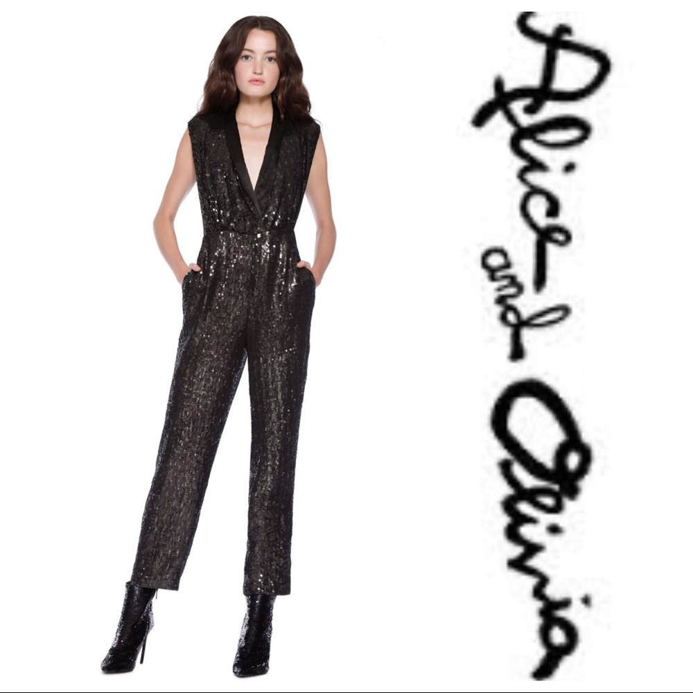 Alice+Olivia Lyle Black Sequin Tuxedo Jumpsuit - Gem